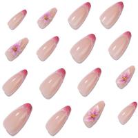 China Pink Flower 3D Press On Nails Long Almond French Tip Romantic Brida for sale