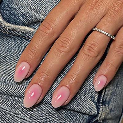 China Blush Pink Ombre Fake Nails Medium Oval French Ombre False Nails for sale