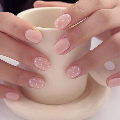 China White Polka Dot Pattern False Nails Short Squoval Nude Pink Press On Nails for sale