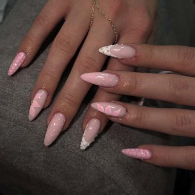 China Stiletto 24pcs Pattern Press On Nails Long Polka Dot French Nails for sale