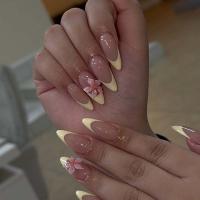 China 3D Pink Flower French Tip Press On Nails Long Almond Sweet Spring for sale