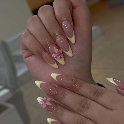China 3D Pink Flower French Tip Press On Nails Long Almond Sweet Spring for sale