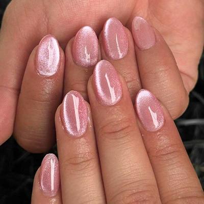 China Oval Cat Eyes Press On Nails Shimmer Glossy Reusable Tips Pink Fake Nails for sale