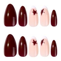 China Burgundy Star False Nails French Tips Oval Glossy Nude Base Reusable for sale