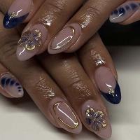 China Navy 3D Fake Nails Flower Gold Foil Almond Nude Glossy Nails Reusable for sale