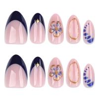 China Navy 3D Fake Nails Flower Gold Foil Almond Nude Glossy Nails Reusable for sale
