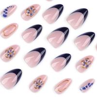 China Navy 3D Fake Nails Flower Gold Foil Almond Nude Glossy Nails Reusable for sale