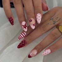 China Red Pink Star Almond Press On Nails Y2K Polka Dot Striped For Women for sale