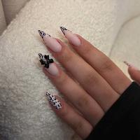 China Leopard Stiletto French Tip Fake Nails Nude Pink 3D Bow Glossy for sale