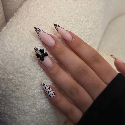 China Leopard Stiletto French Tip Fake Nails Nude Pink 3D Bow Glossy for sale