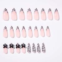 China Leopard Stiletto French Tip Fake Nails Nude Pink 3D Bow Glossy for sale