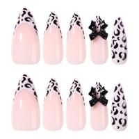 China Leopard Stiletto French Tip Fake Nails Nude Pink 3D Bow Glossy for sale
