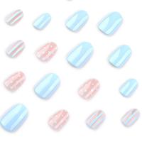 China Baby Blue Pattern Press On Nails 24pcs Polka Dot Stripe Nails for sale
