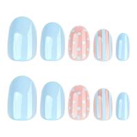 China Baby Blue Pattern Press On Nails 24pcs Polka Dot Stripe Nails for sale