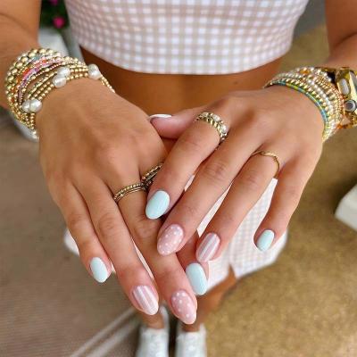 China Baby Blue Pattern Press On Nails 24pcs Polka Dot Stripe Nails for sale