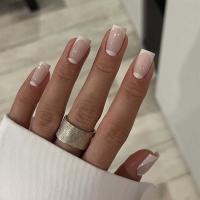 China Nude White Square French Tip Press On Nails Glossy Full Cover For Women for sale
