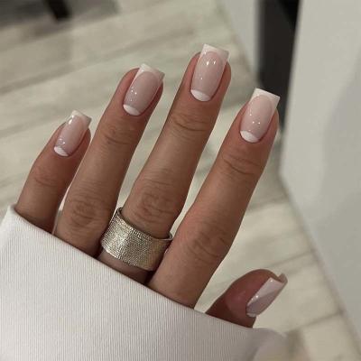 China Nude White Square French Tip Press On Nails Glossy Full Cover For Women for sale