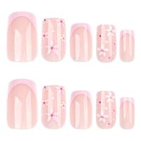 China Pink French Tip False Nails Square Nude Base White Floral Glossy for sale