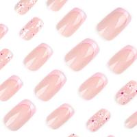 China Pink French Tip False Nails Square Nude Base White Floral Glossy for sale