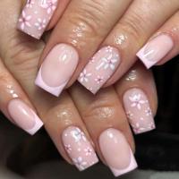 China Pink French Tip False Nails Square Nude Base White Floral Glossy for sale