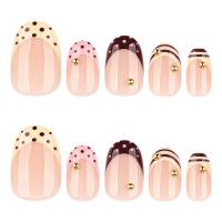 China Brown Pink Polka Dot Almond Personalised Press On Nails With Gold Bead Glossy Nude for sale