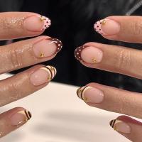 China Brown Pink Polka Dot Almond Personalised Press On Nails With Gold Bead Glossy Nude for sale