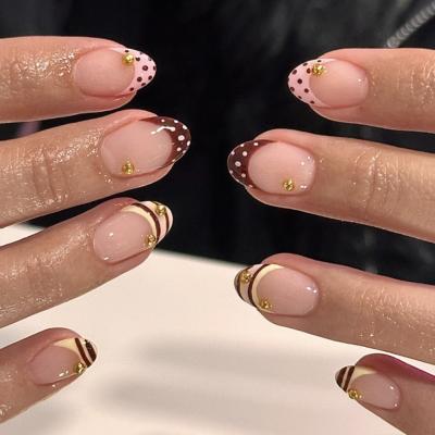 China Brown Pink Polka Dot Almond Personalised Press On Nails With Gold Bead Glossy Nude for sale