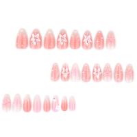 China Pink Gradient Almond Nails Pattern False Nails White Flower Bow Pearl Glossy for sale