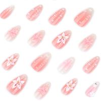 China Pink Gradient Almond Nails Pattern False Nails White Flower Bow Pearl Glossy for sale