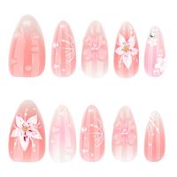 China Pink Gradient Almond Nails Pattern False Nails White Flower Bow Pearl Glossy for sale