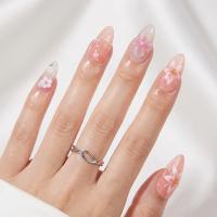 China Pink Gradient Almond Nails Pattern False Nails White Flower Bow Pearl Glossy for sale