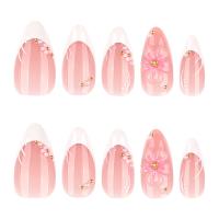 China French Tip Almond Press On Nails 3D Flower Gold Bead Glossy French False Nails for sale