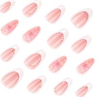 China French Tip Almond Press On Nails 3D Flower Gold Bead Glossy French False Nails for sale