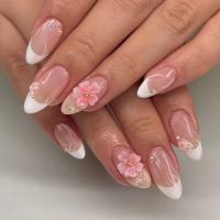 China French Tip Almond Press On Nails 3D Flower Gold Bead Glossy French False Nails for sale
