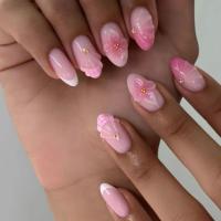 China Pink White French Tip False Nails Almond Floral Bow Design Glossy for sale