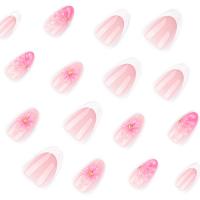 China Pink White French Tip False Nails Almond Floral Bow Design Glossy for sale