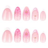 China Pink White French Tip False Nails Almond Floral Bow Design Glossy for sale