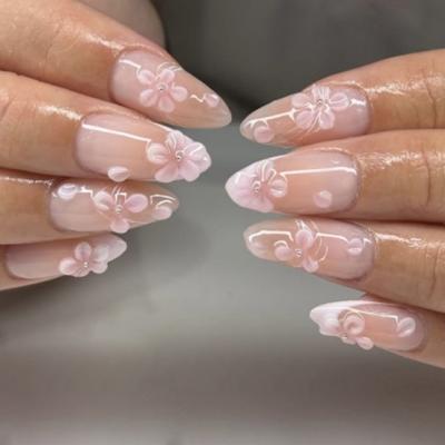 China Peach Pink Gradient Fake Nails 3D Printed Press On Nails 24pcs FDA Approval for sale