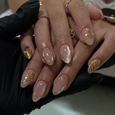 China Nude Pink Almond 3D False Nails Gold Metal Line Flower Pearl Glossy for sale