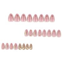 China Nude Pink Almond 3D False Nails Gold Metal Line Flower Pearl Glossy for sale