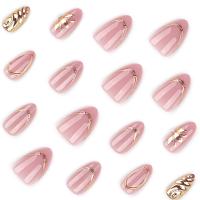 China Nude Pink Almond 3D False Nails Gold Metal Line Flower Pearl Glossy for sale