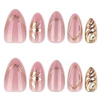 China Nude Pink Almond 3D False Nails Gold Metal Line Flower Pearl Glossy for sale