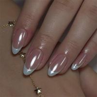 China Blue Almond French Tip Press On Nails Nude Base French Fake Nails For Women for sale
