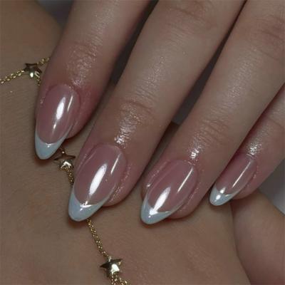 China Blue Almond French Tip Press On Nails Nude Base French Fake Nails For Women for sale
