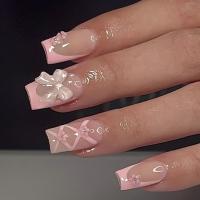 China Pink Square French Tip Press On Nails 3D Bow Flower Lace Glossy for sale