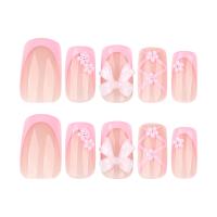 China Pink Square French Tip Press On Nails 3D Bow Flower Lace Glossy for sale