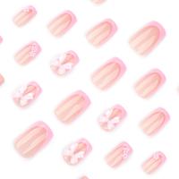 China Pink Square French Tip Press On Nails 3D Bow Flower Lace Glossy for sale
