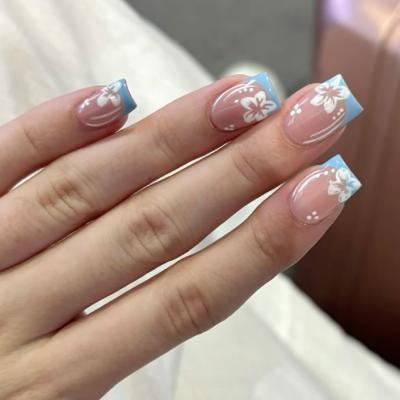 China Glossy Nude Pink Square Light Blue Personalised Fake Nails White Floral for sale