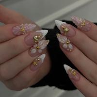 China Pink White Almond French Press On Nails Gold Star Pearl Glossy for sale