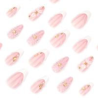 China Pink White Almond French Press On Nails Gold Star Pearl Glossy for sale